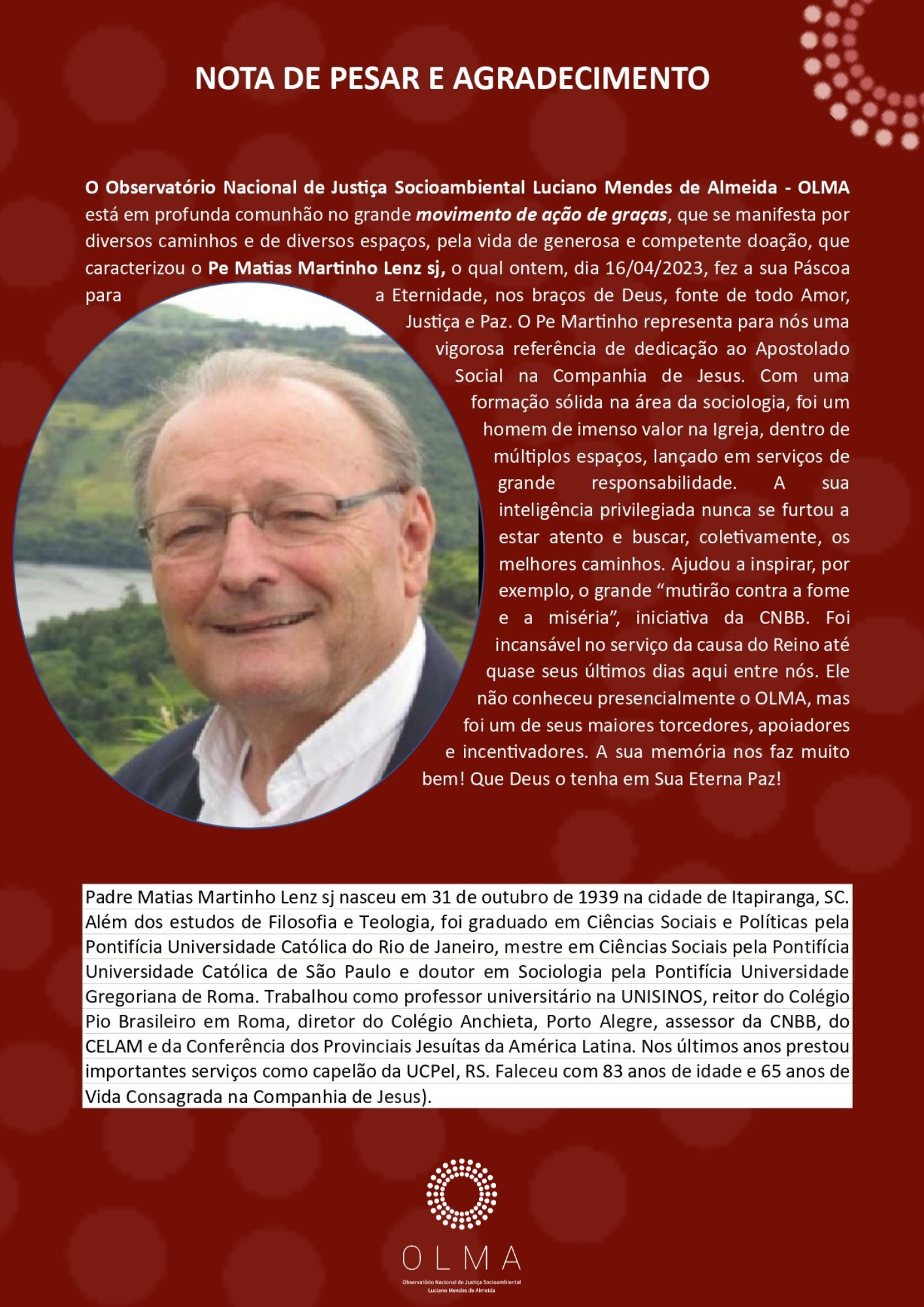 NOTA DE PESAR E AGRADECIMENTO – OLMA